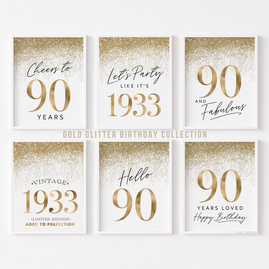 Gold Decorations for 90th Birthday Party, Printable 90 Birthday Signs ...