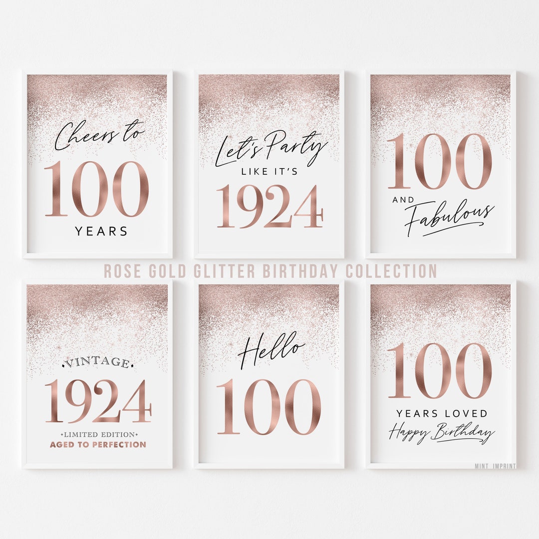 100th Birthday Party Decorations Rose Gold Printable Signs for Womens ...
