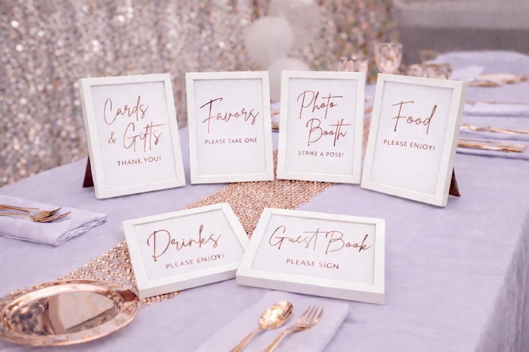 Rose Gold Birthday Table Signs Bundle, Cards and Gifts, Favors, Photo ...
