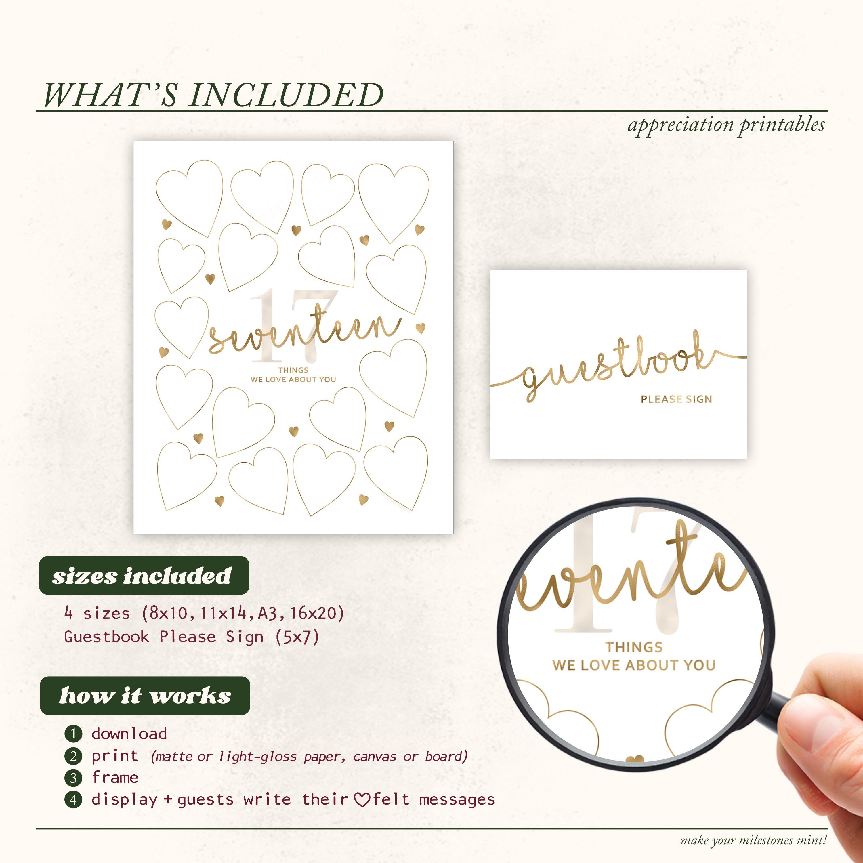 17 Things We Love About You Gold Party Decor, Printable Sign 17th ...