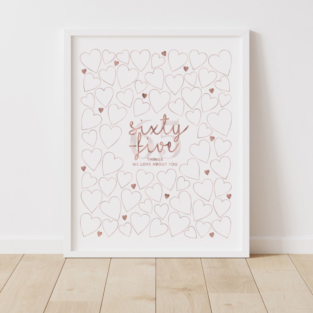 65th Birthday Sign 65 Things We Love About You Write in Hearts Poster ...