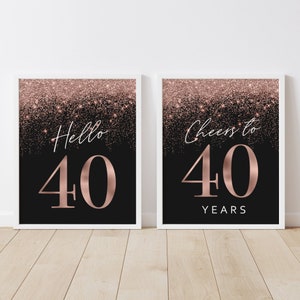 40th Printable Decorations Black Rose Gold, 40 Birthday Signs for Women ...