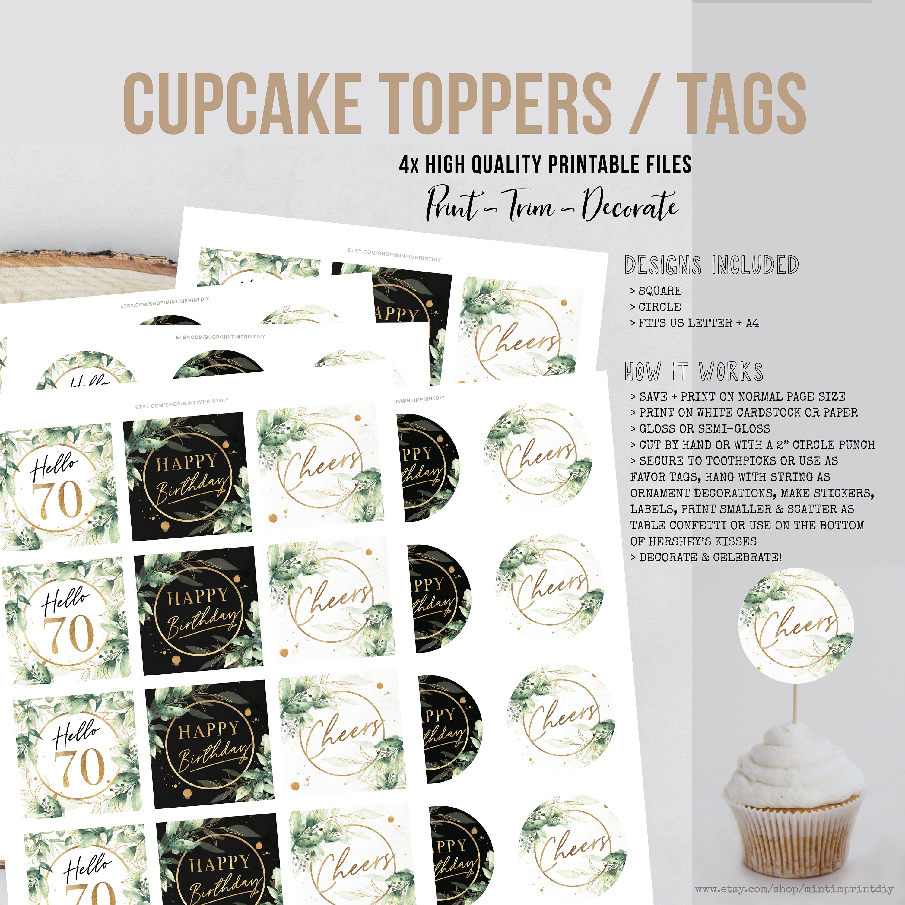 70th Birthday Cupcake Decorations Greenery Botanical Gold Foil Faux ...