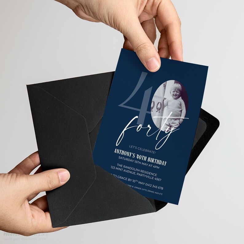 Navy Blue Photo Invitation Template for 40th Birthday, Male or Female ...