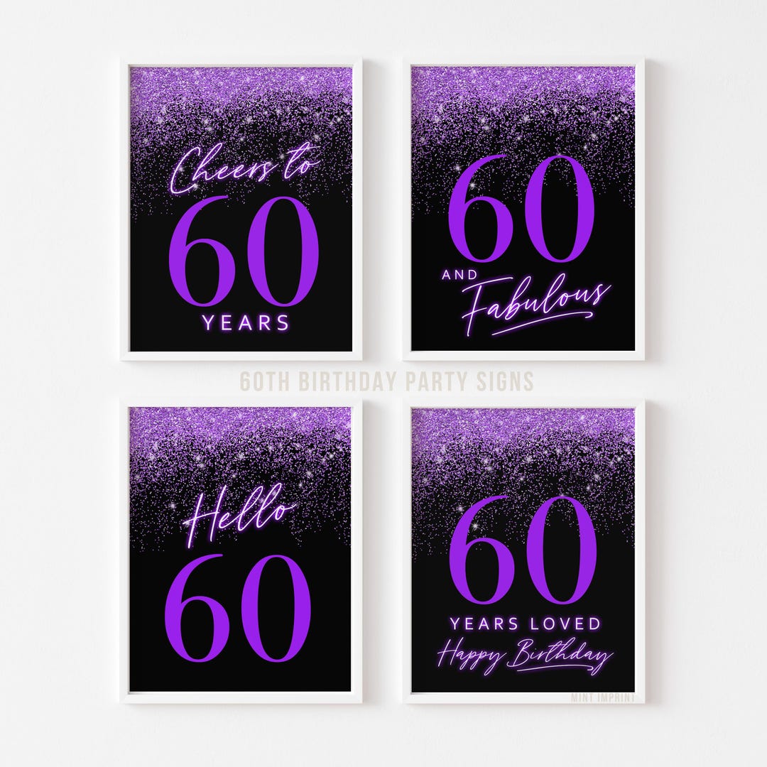 60th Birthday Sign Bundle - Black Dark Purple Neon Glitter 60 - Party ...