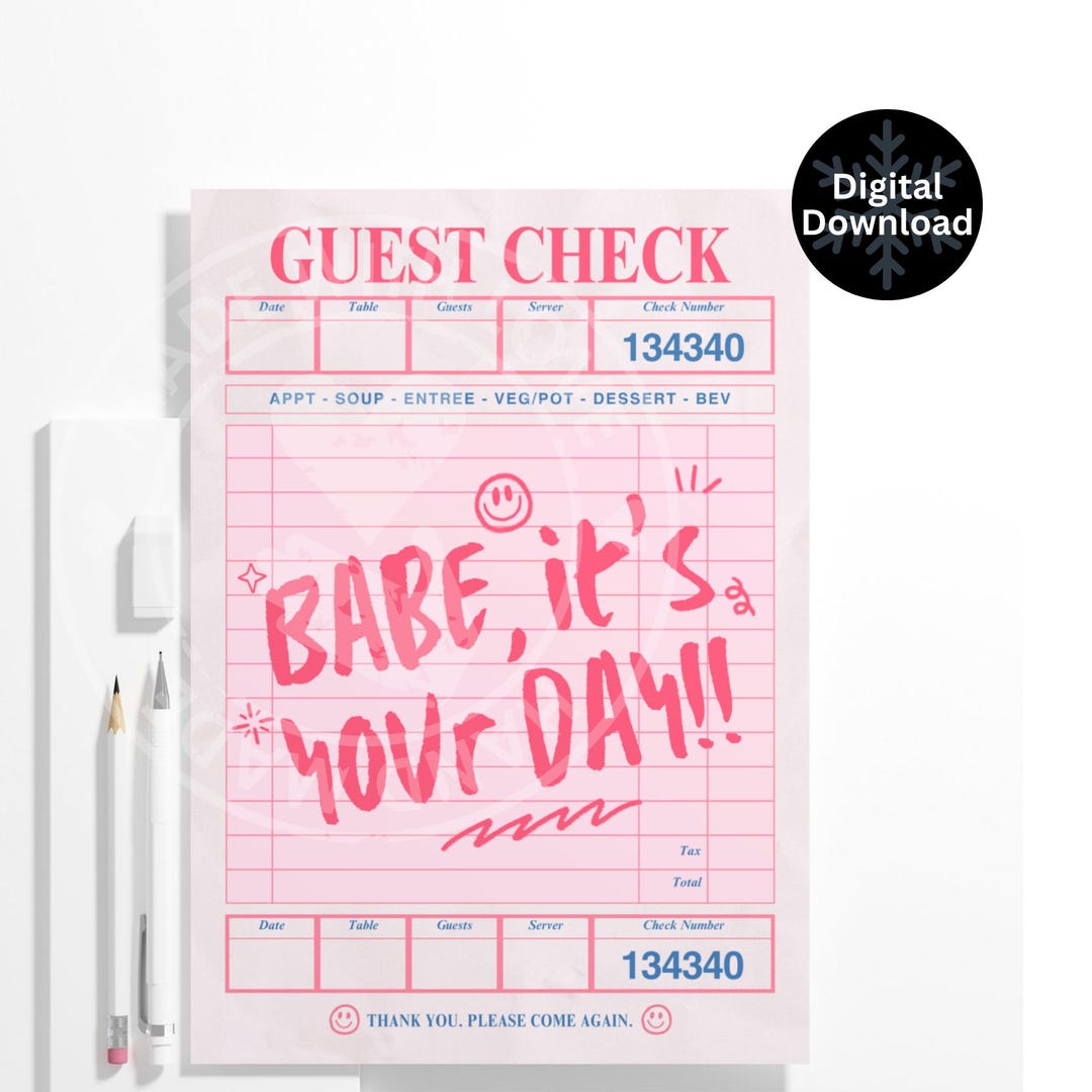 Retro Diner Guest Check Card – Babe It’s Your Day (digital Download) - Etsy