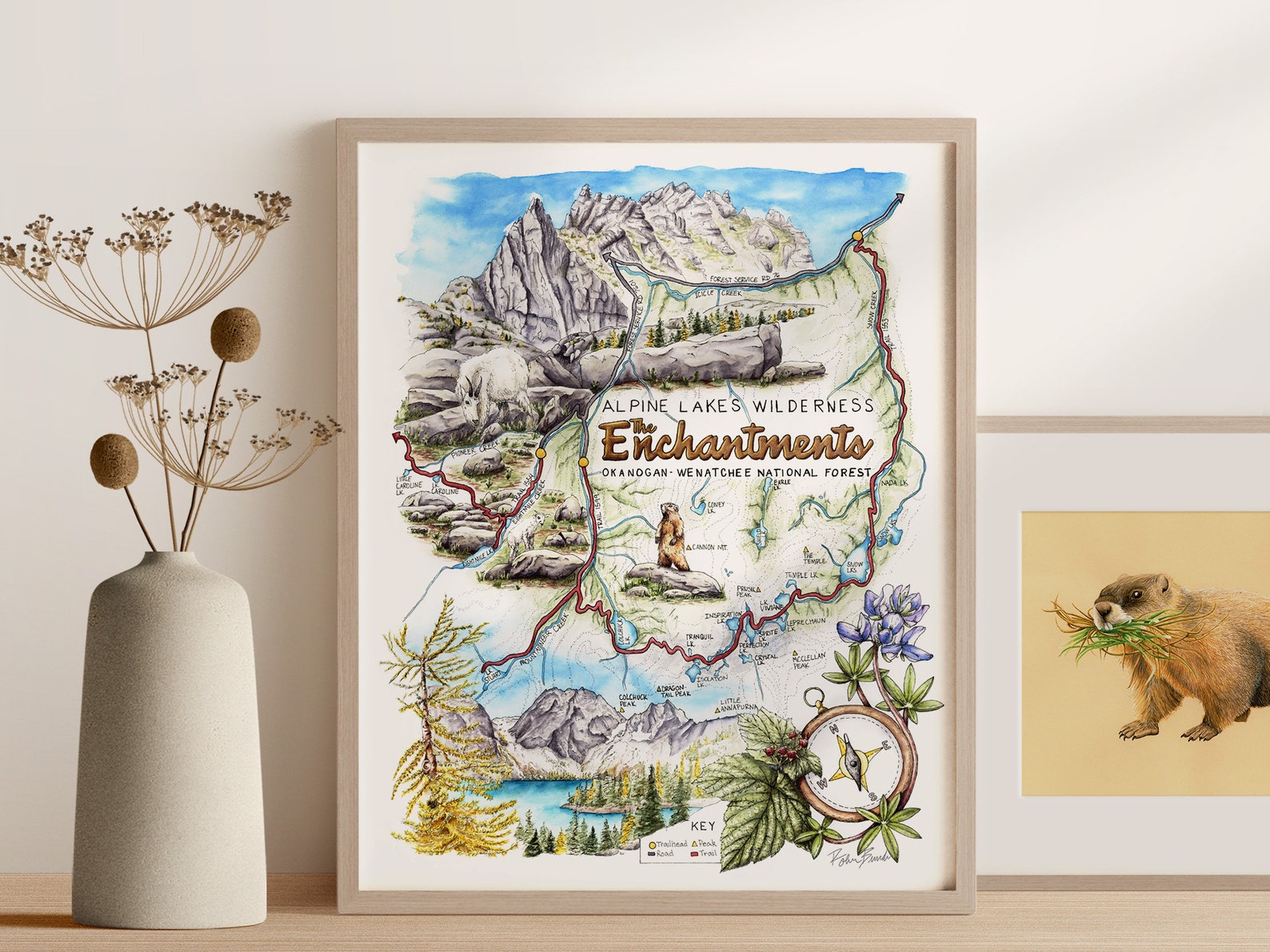 Enchantments Washington Hiking Trail Map. PNW Mountain Watercolor Art ...