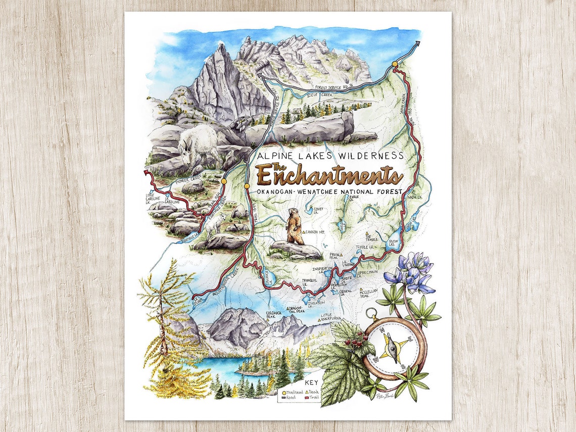 Enchantments Washington Hiking Trail Map. PNW Mountain Watercolor Art ...