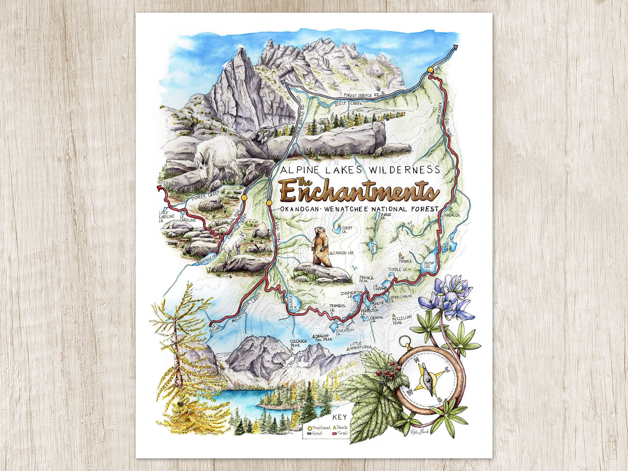 Enchantments Washington Hiking Trail Map. PNW Mountain Watercolor Art ...