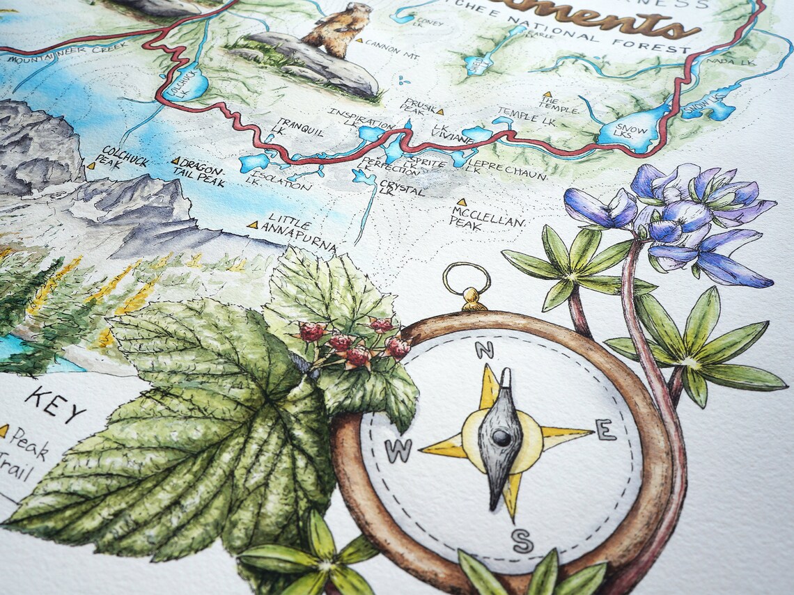 Enchantments Washington Hiking Trail Map. PNW Mountain Watercolor Art ...