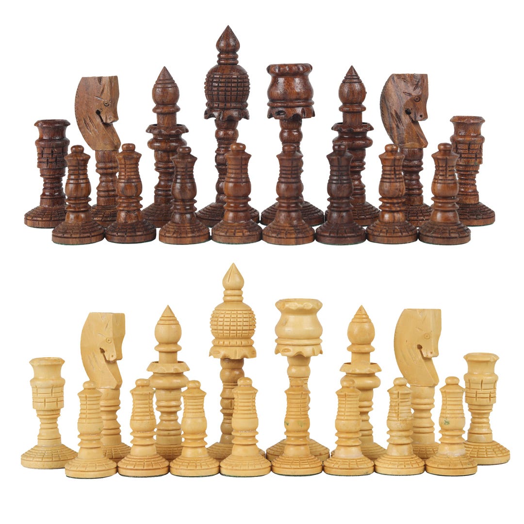 Hand Carved Wooden Chess Pieces: Indian Tower Design, Natural & Brown ...