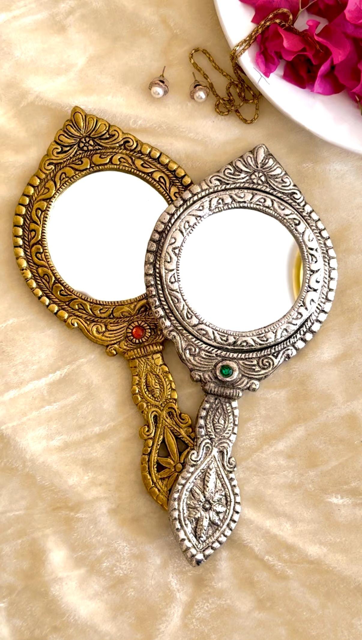 Vintage Ornate Handheld Mirror Set – Gold & Silver Antique Vanity ...