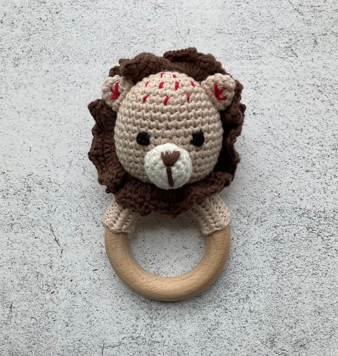 Personalized Crochet Lion Rattle, Woodland Critter, Wooden Teether Toy ...