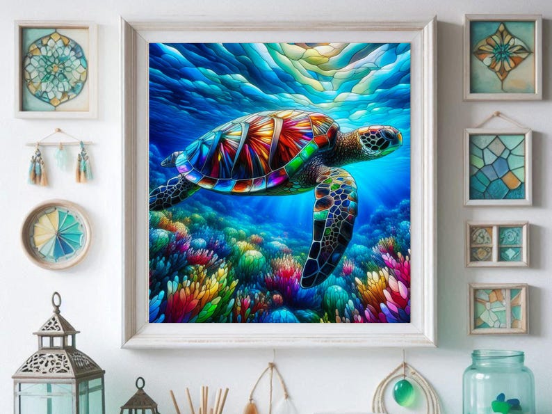 Stained Glass Sea Turtle Digital Art Print | Vibrant Marine Life Wall ...