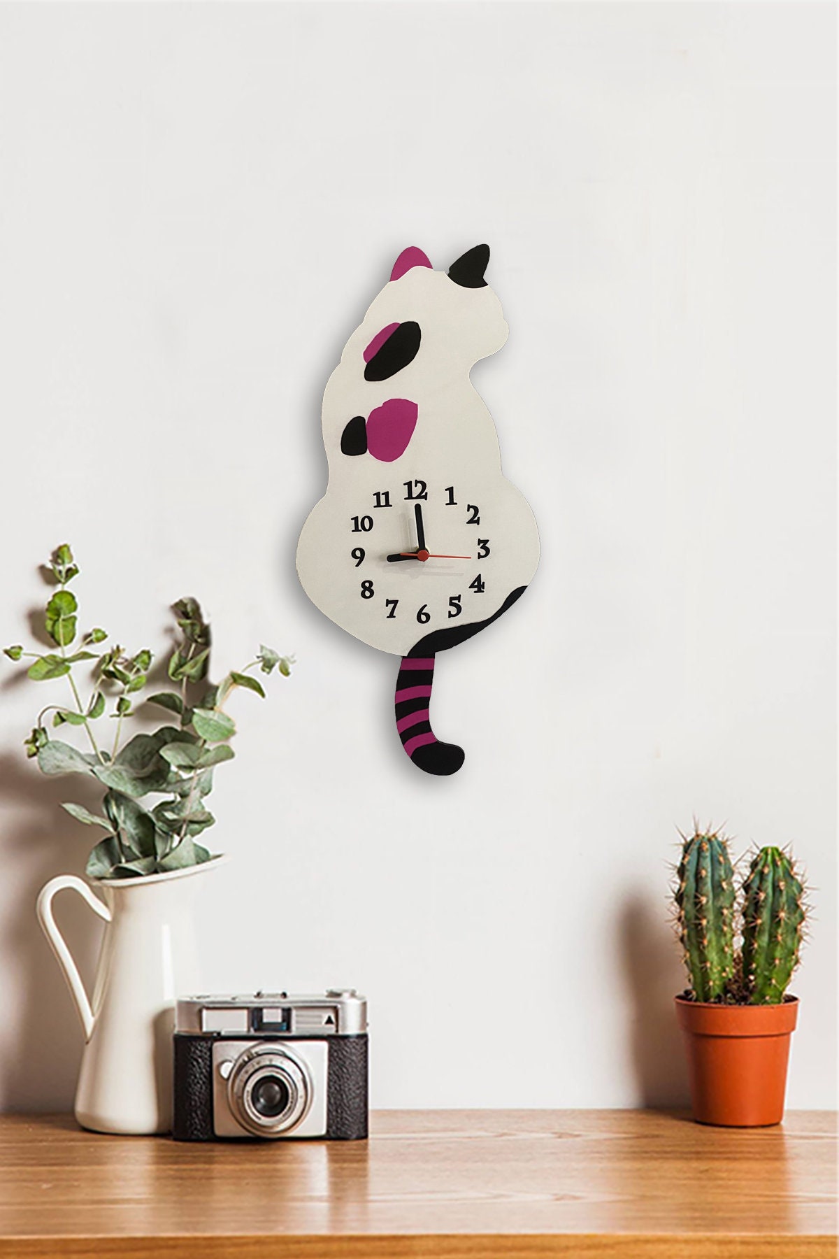 Wooden Clock, Wall Clock, White Cat Pendulum Clock, Home Decoration ...