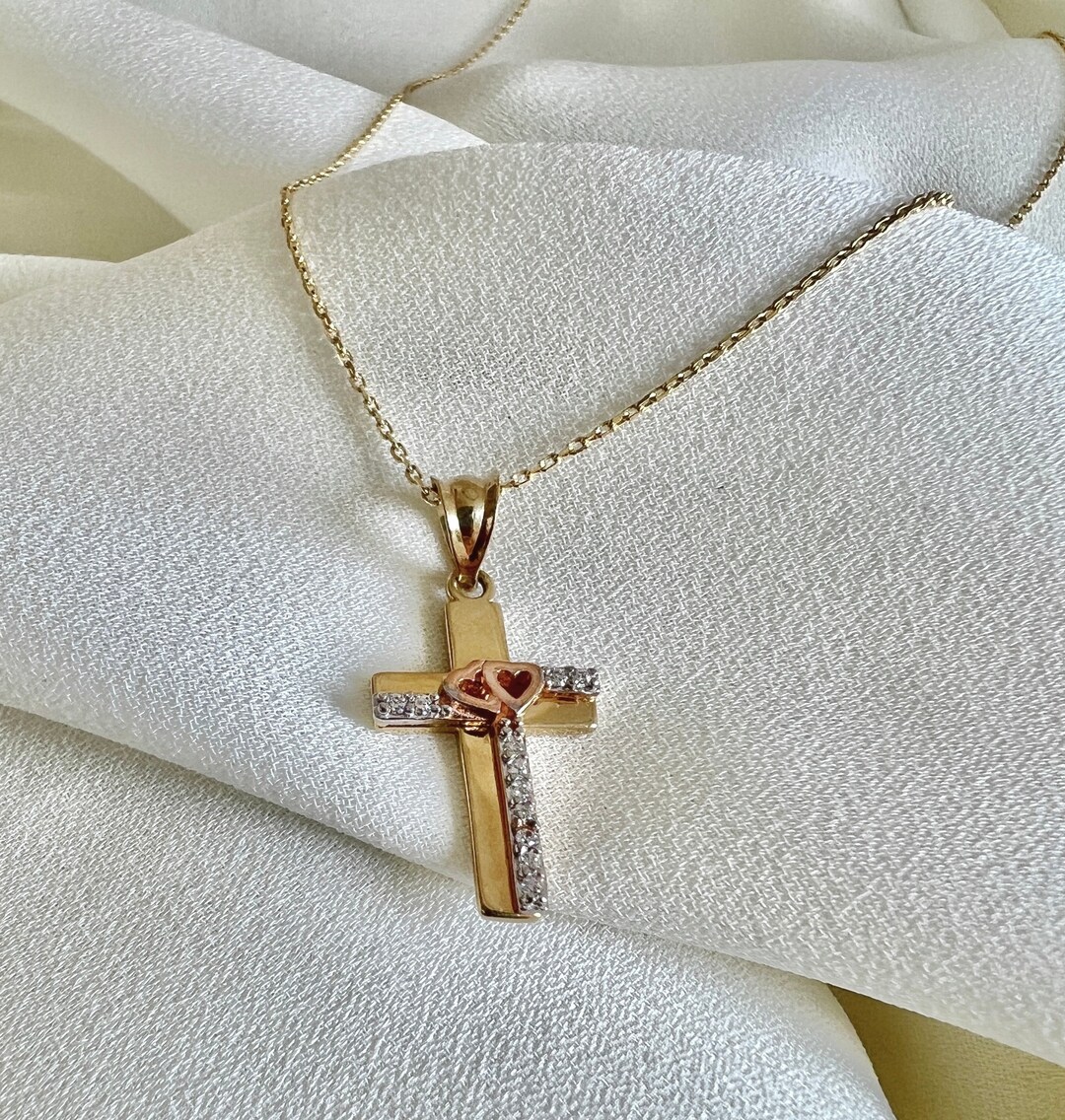 14K Solid Gold Cross Necklace, Cross Charm Necklace Gold, Real Gold ...
