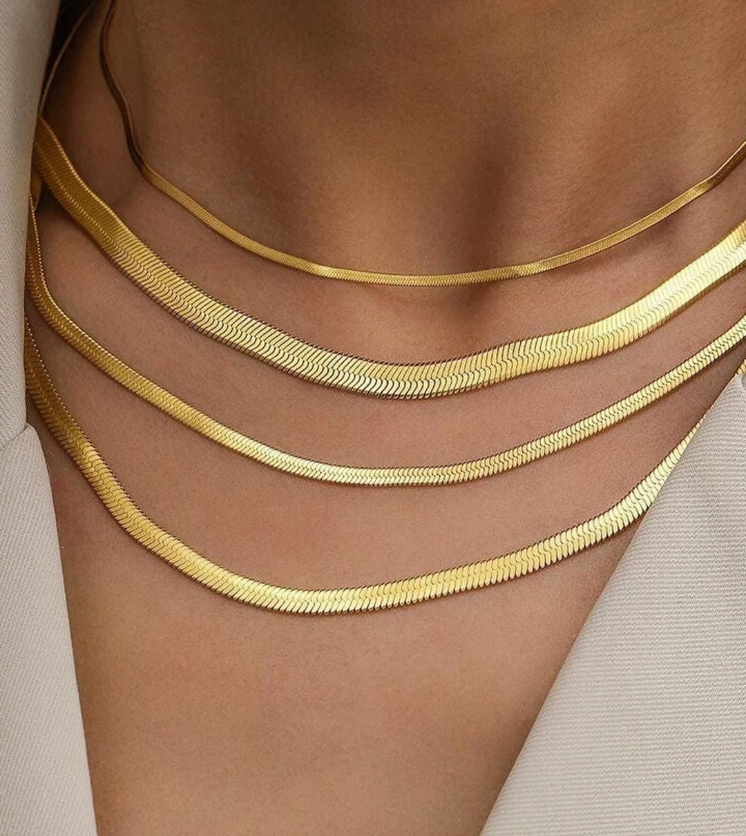 18k Solid Gold Herringbone Necklace, 4mm, Herringbone Choker Gold ...