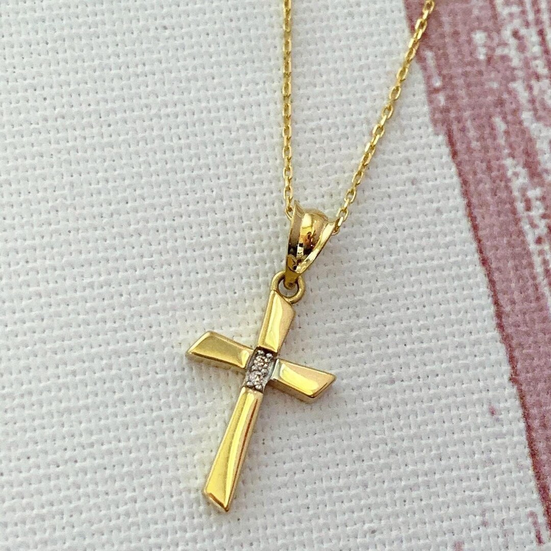14K Solid Gold Cross Necklace With Cubic Zirconia - Etsy