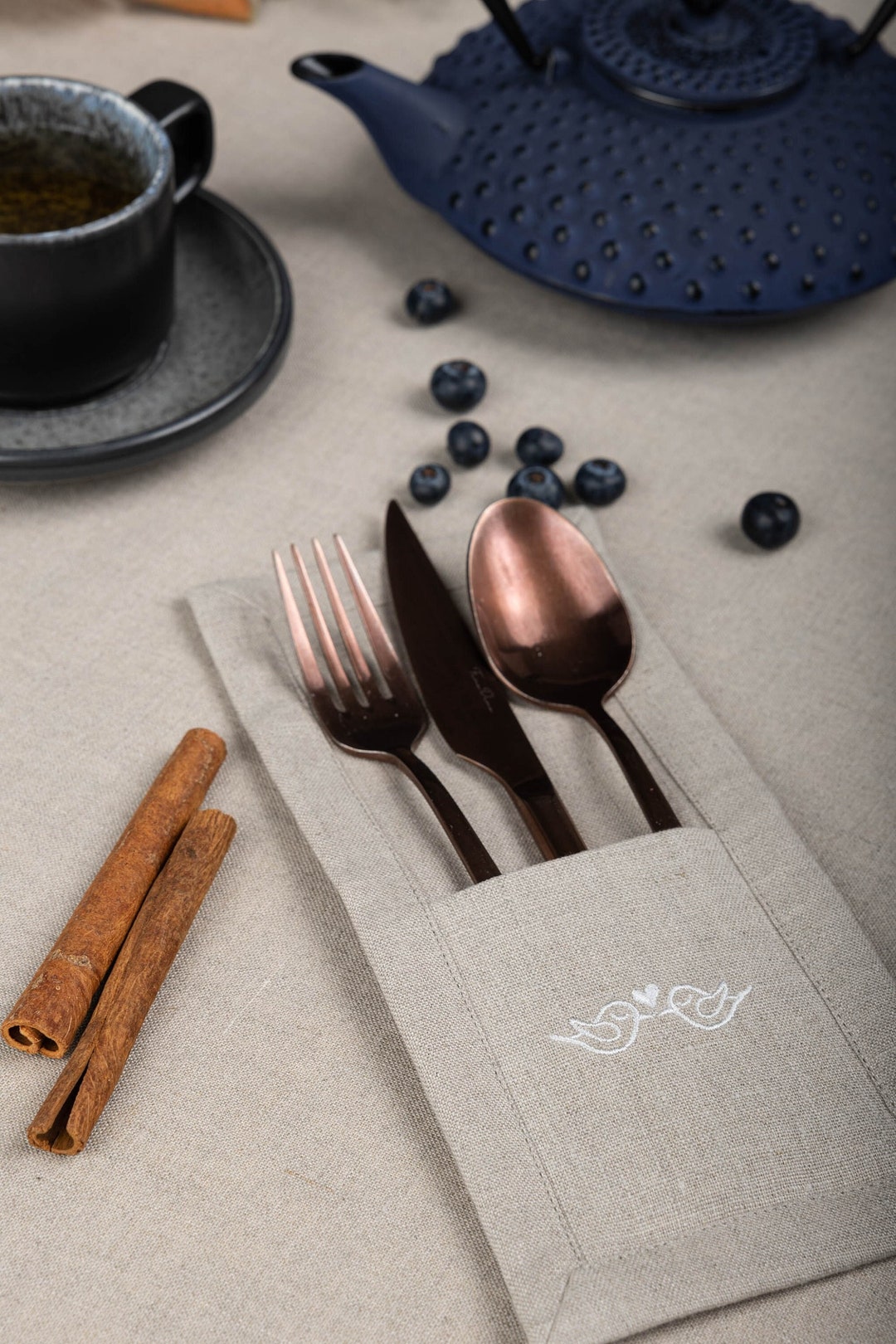 Linen Cutlery Holder With Birds, Embroidered Wedding Cutlery Holder - Etsy