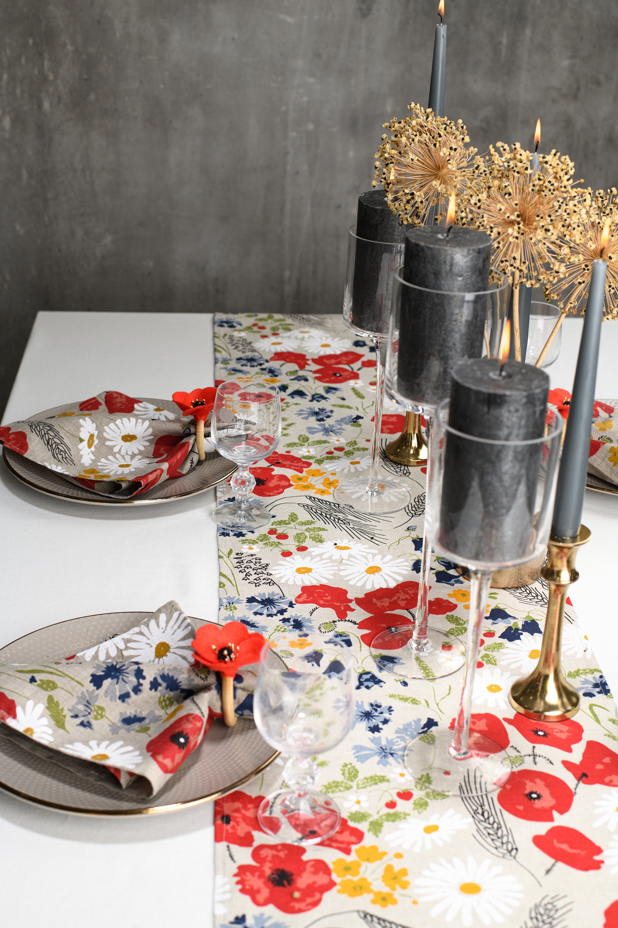 Poppy Flower Table Runner With Napkins Floral Table Linen - Etsy