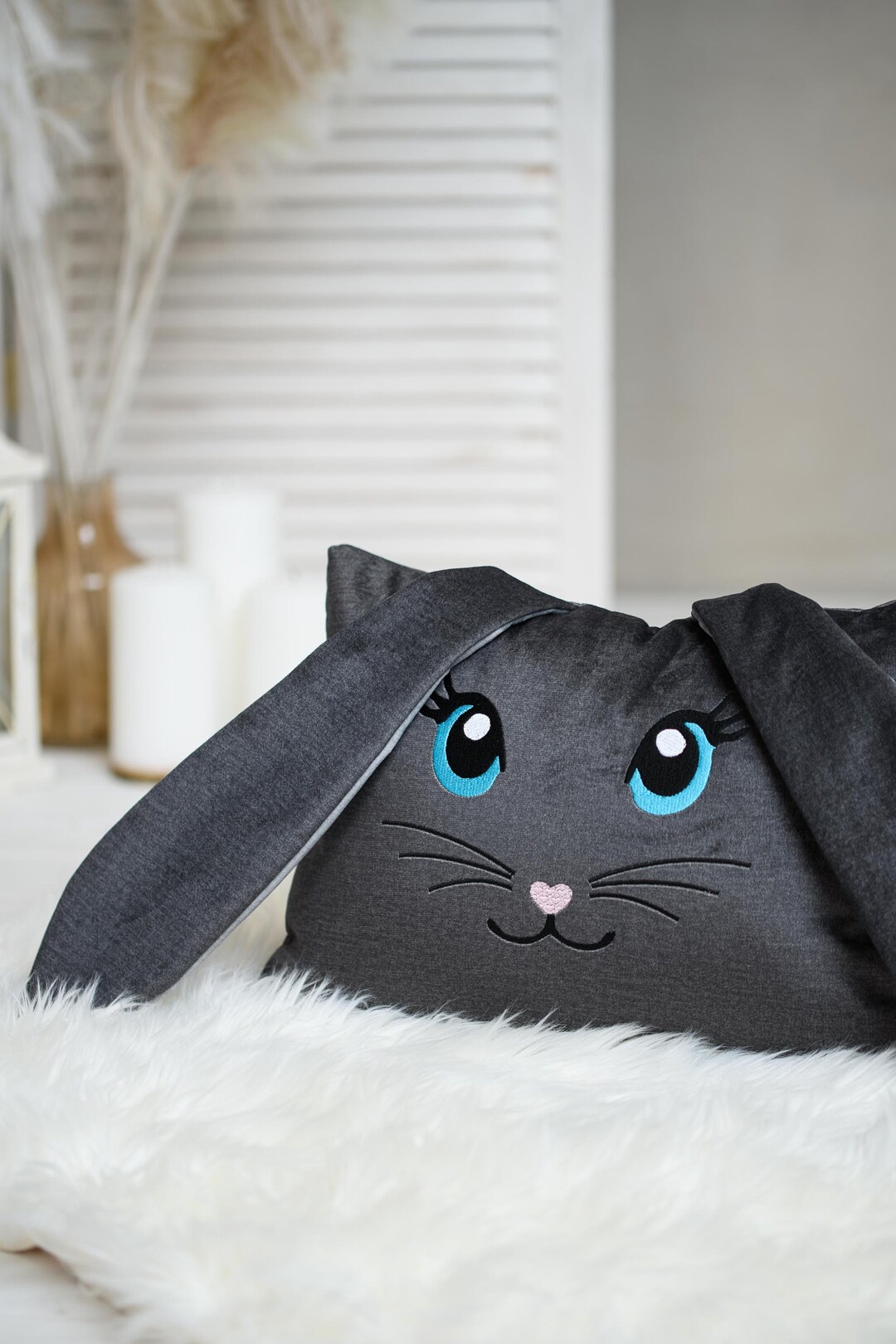 Easter Rabbit Pillow With Embroidered Kid Name, Dark Grey Velvet Bunny ...