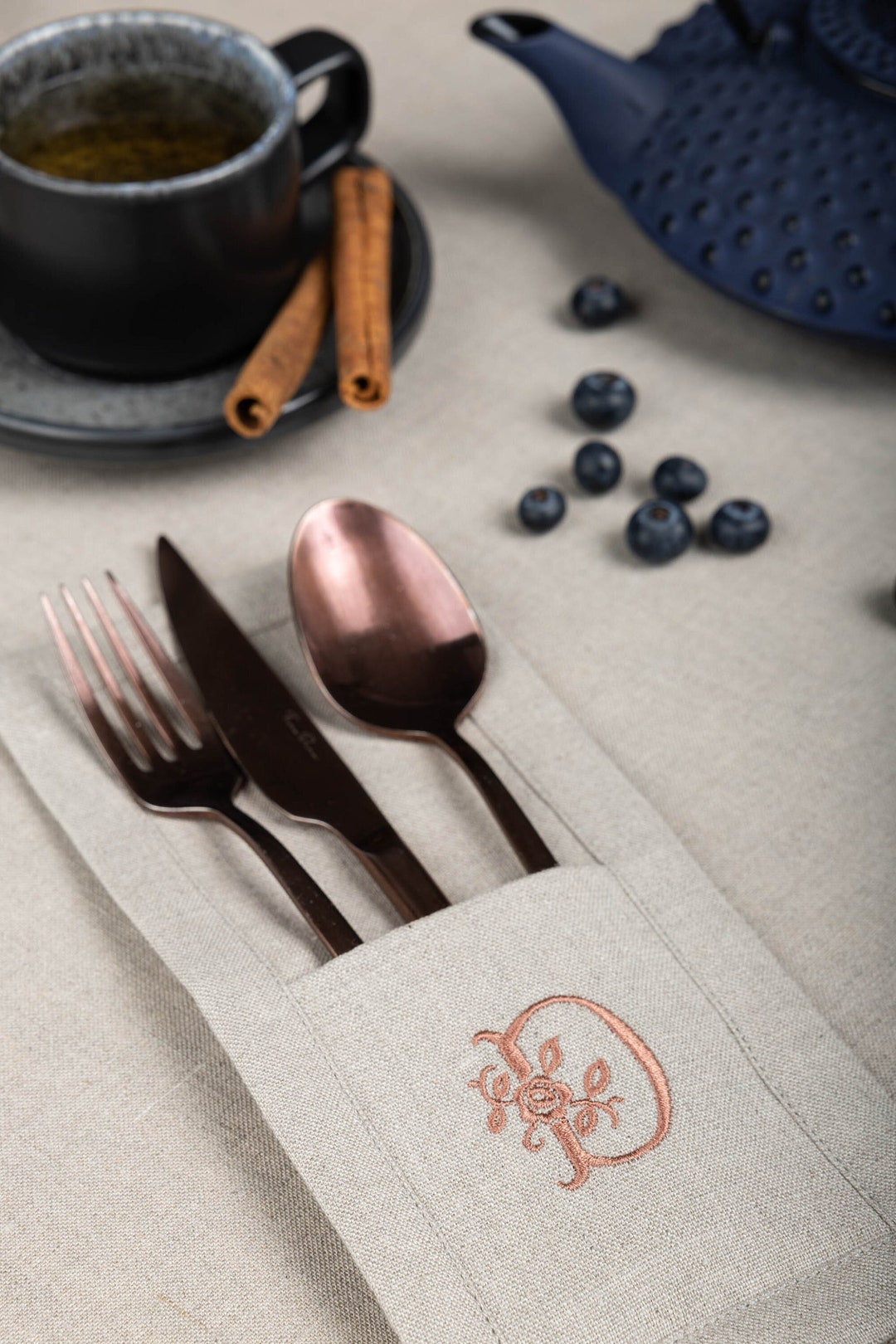 Personalized Linen Cutlery Holder, Rustic Embroidered Silverware Pouch ...