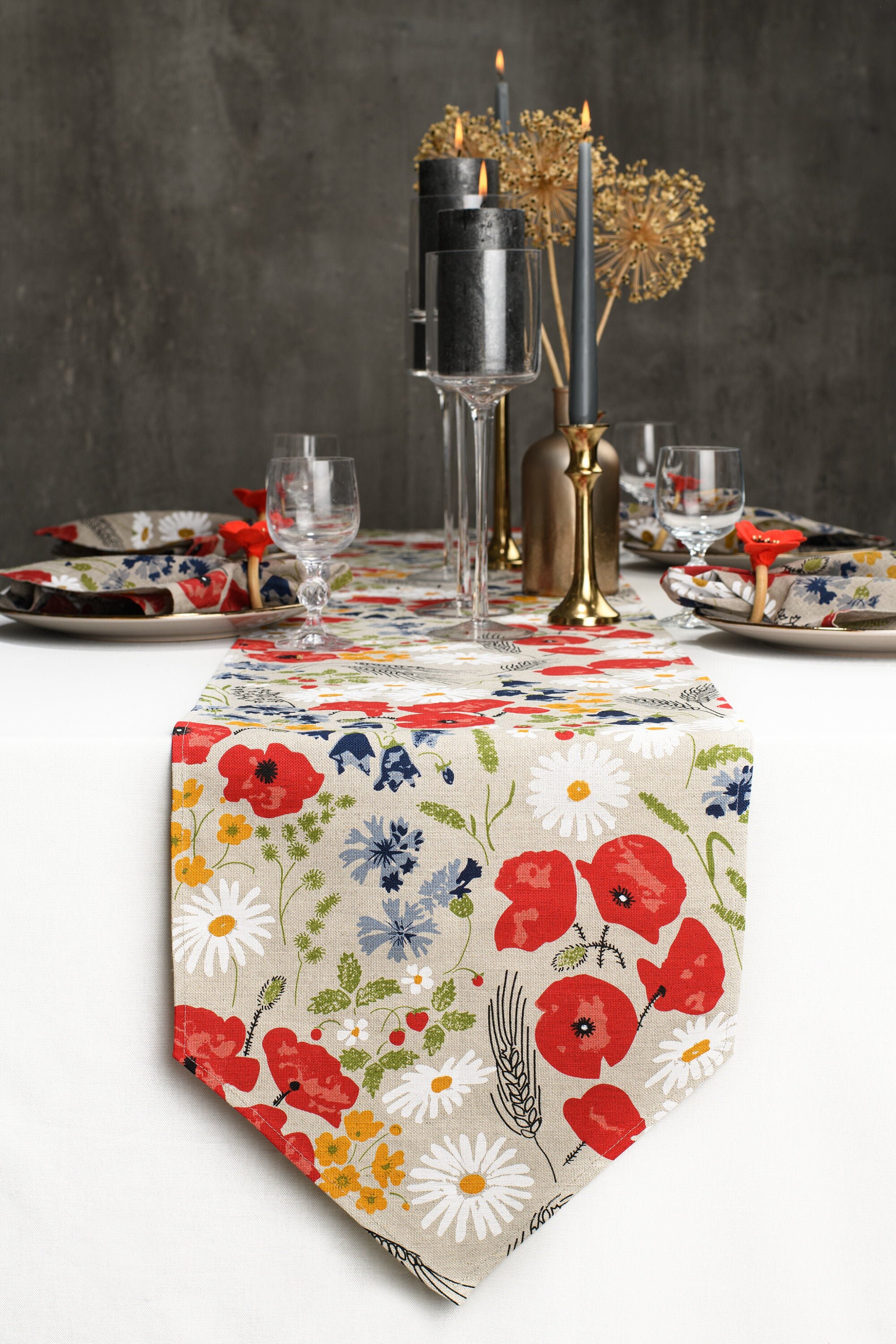 Poppy Flower Table Runner With Napkins Floral Table Linen - Etsy