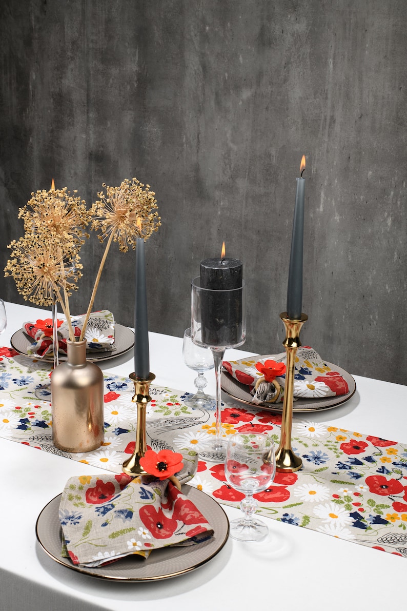 Poppy Flower Table Runner With Napkins Floral Table Linen - Etsy