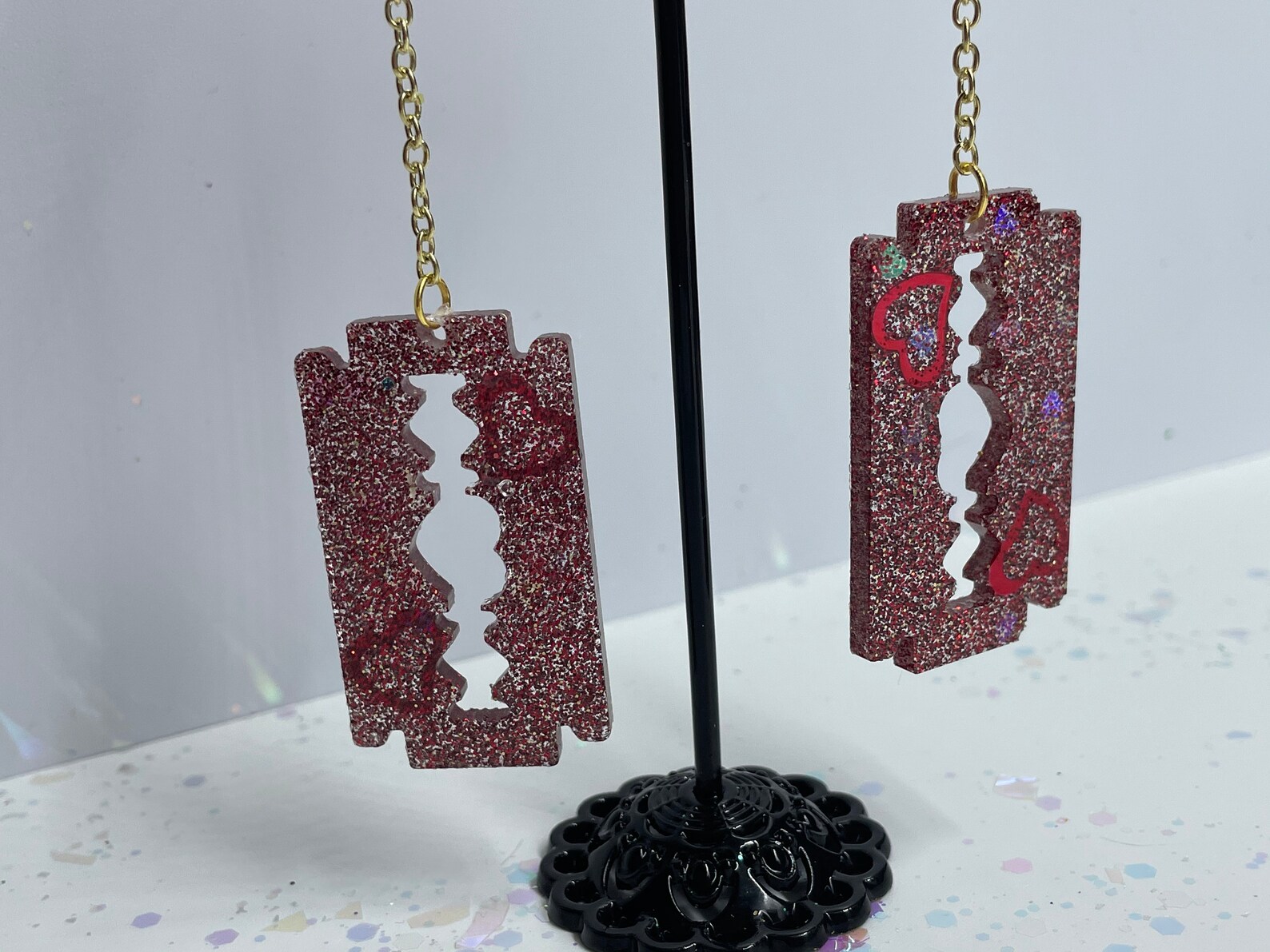 Red Glittery Heart Razor Blade Earrings | Etsy