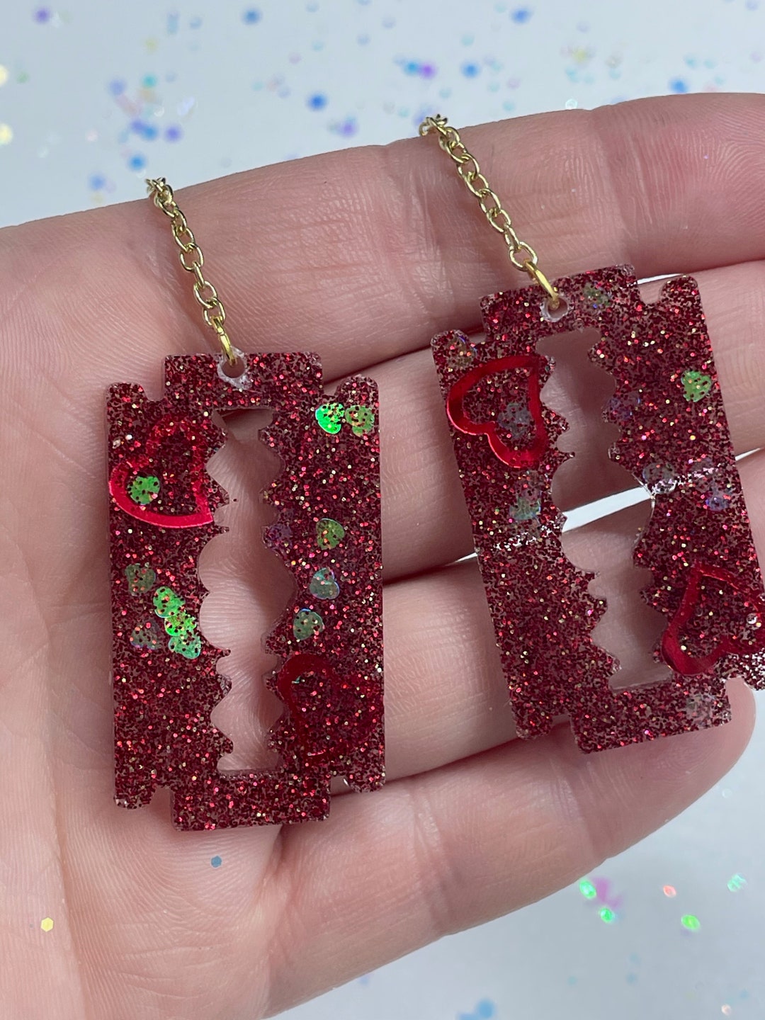 Red Glittery Heart Razor Blade Earrings - Etsy