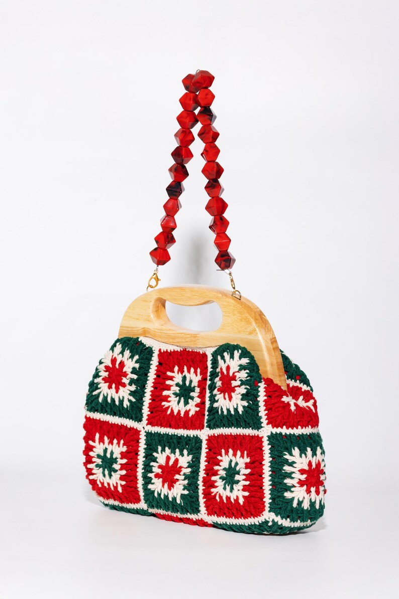 Handmade Crochet Granny Square Bag – Red Green Retro Purse With Wooden ...