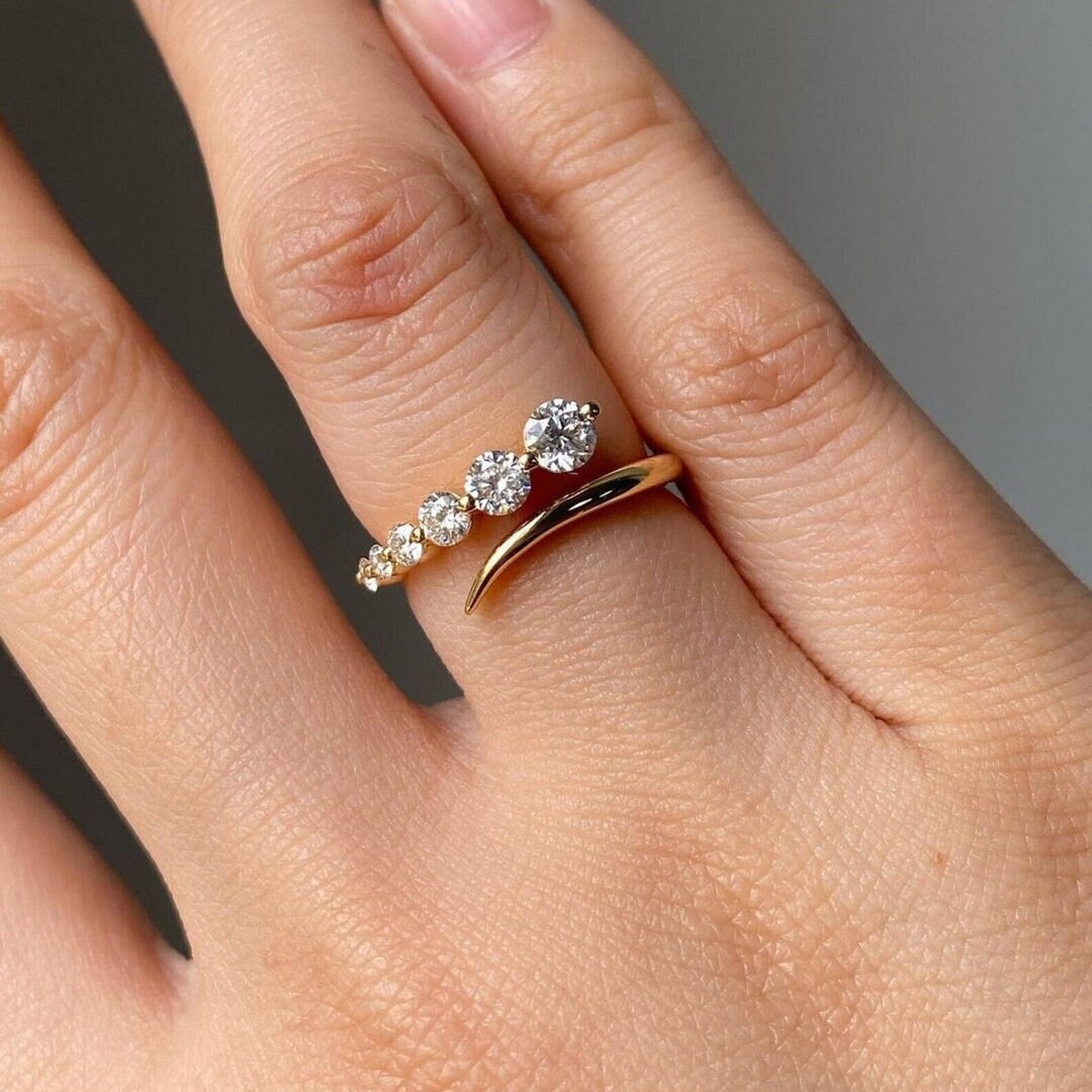 Unique Dainty Moissanite Engagement Ring Wraparound Wave Ring Curvy Bypass Stacking Ring ...