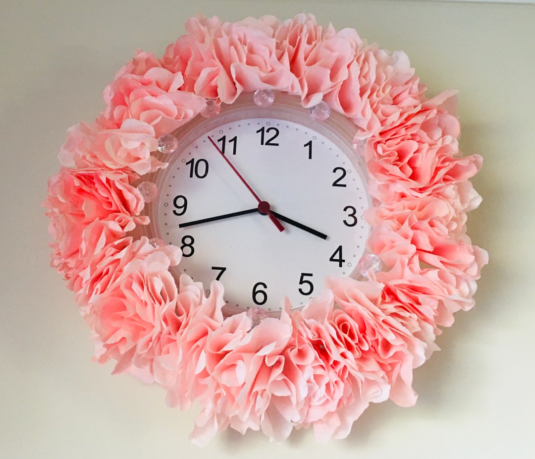 Pink Floral Wall Clock 3D Paper Flower Clock Shabby Chic Wall Clock ...