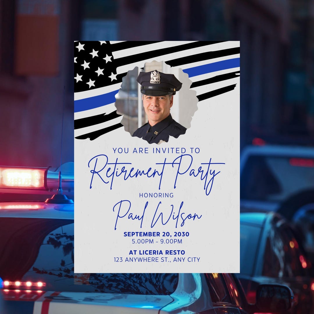 Police Retirement Party Invitation With Photo – Editable Blue Line ...
