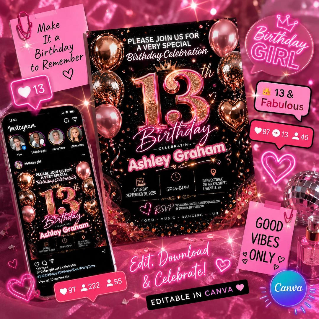 Rose Gold 13th Birthday Invitation Template - Etsy UK