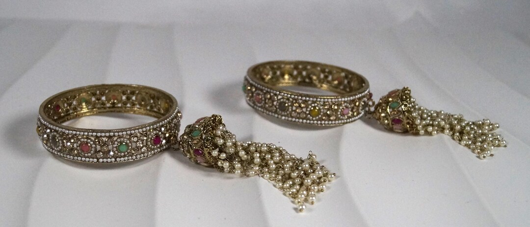 Indian,pakistani Bangle Set Antique Gold Multi Colour With Pearl Latkan ...