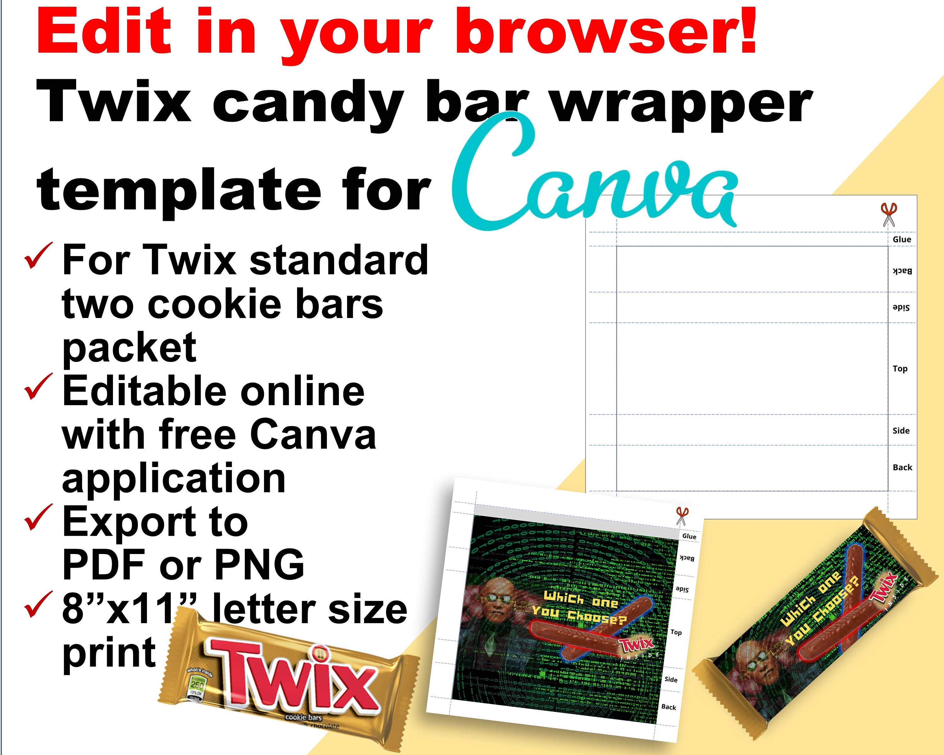 Chocolate Bar Wrapper Template Twix Candy Bar Wrapper Etsy