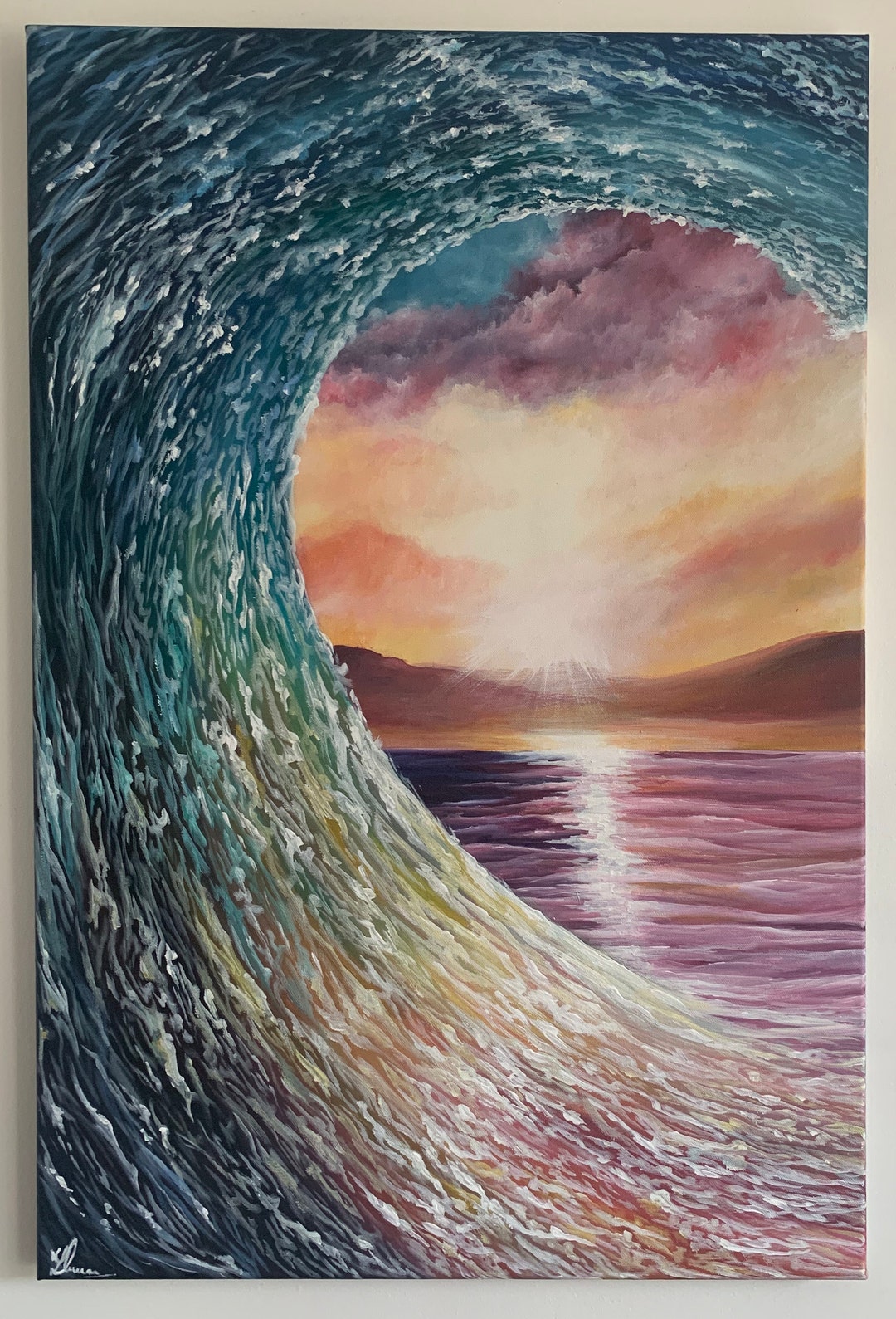 Original Canvas Acrylic Painting of Sunset Wave, Seascape Artwork, View ...