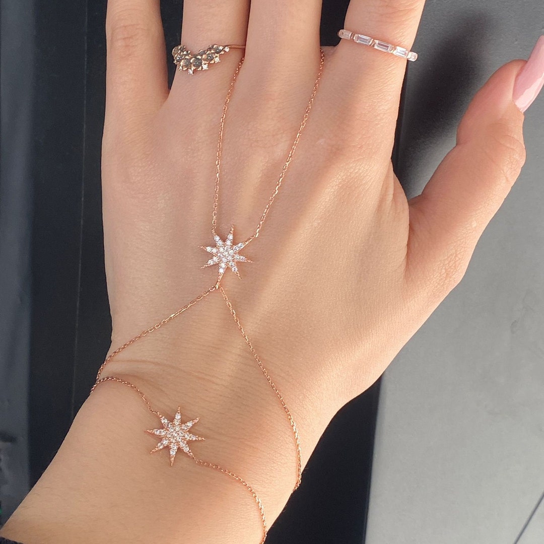 Rose Gold Hand Chain Bracelet, Gypsy Gold Finger Bracelet, CZ Hand ...