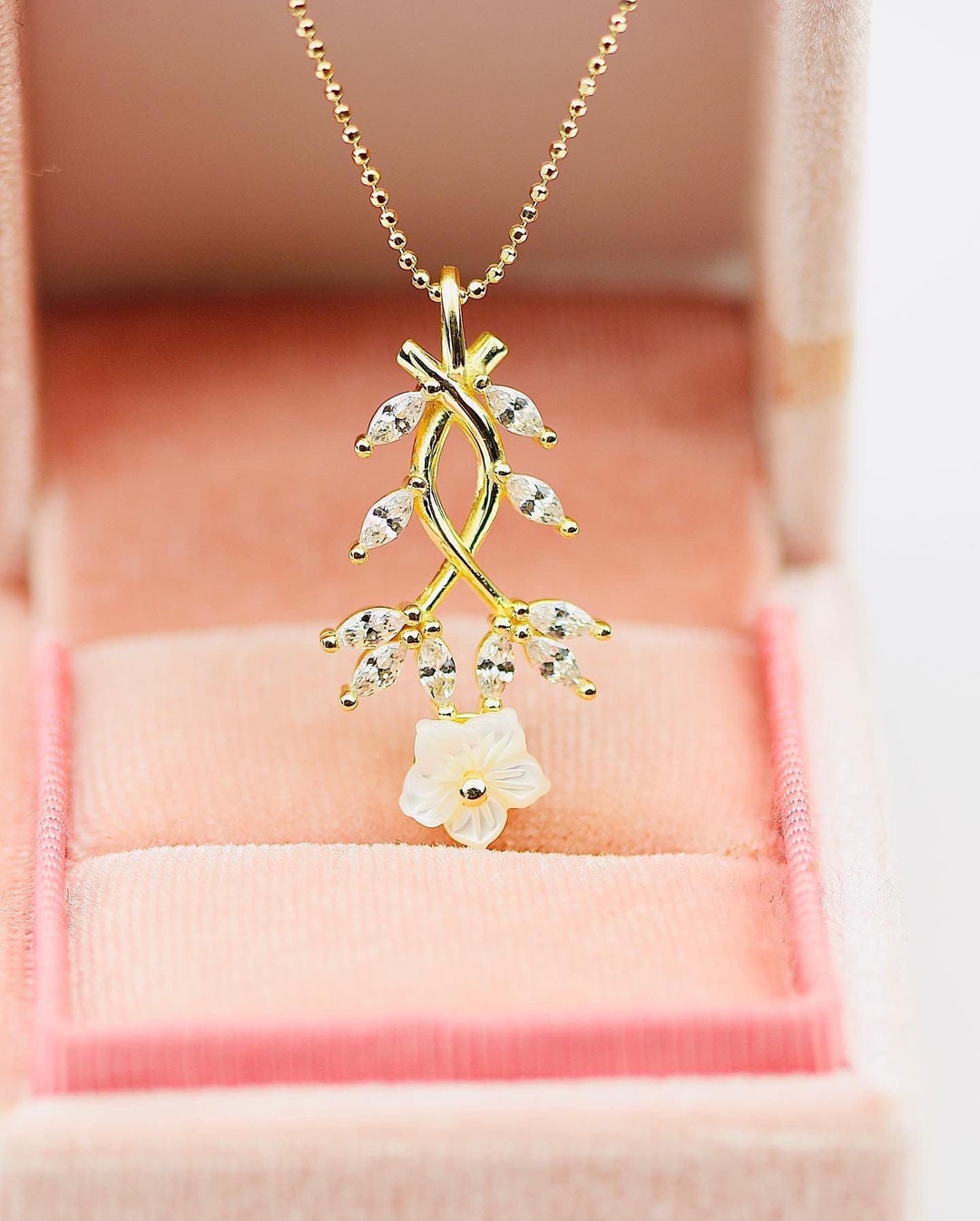 14K Solid Gold Sakura Flower Pearl Necklace, Dainty Japanese Cherry ...