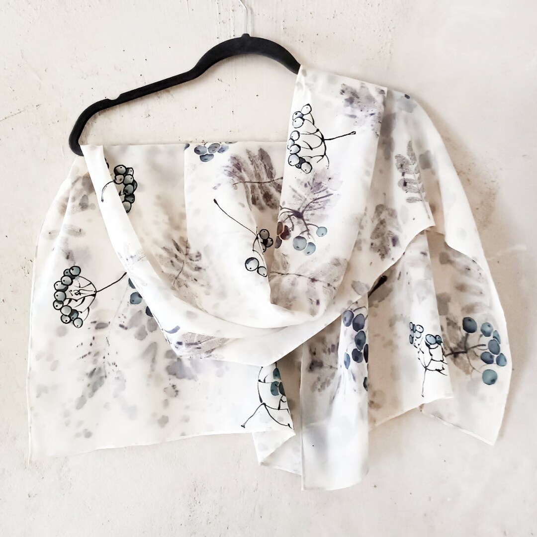 Monochrome Scarf With Paint Rowans, Decorative Black Leaves Stamp ...