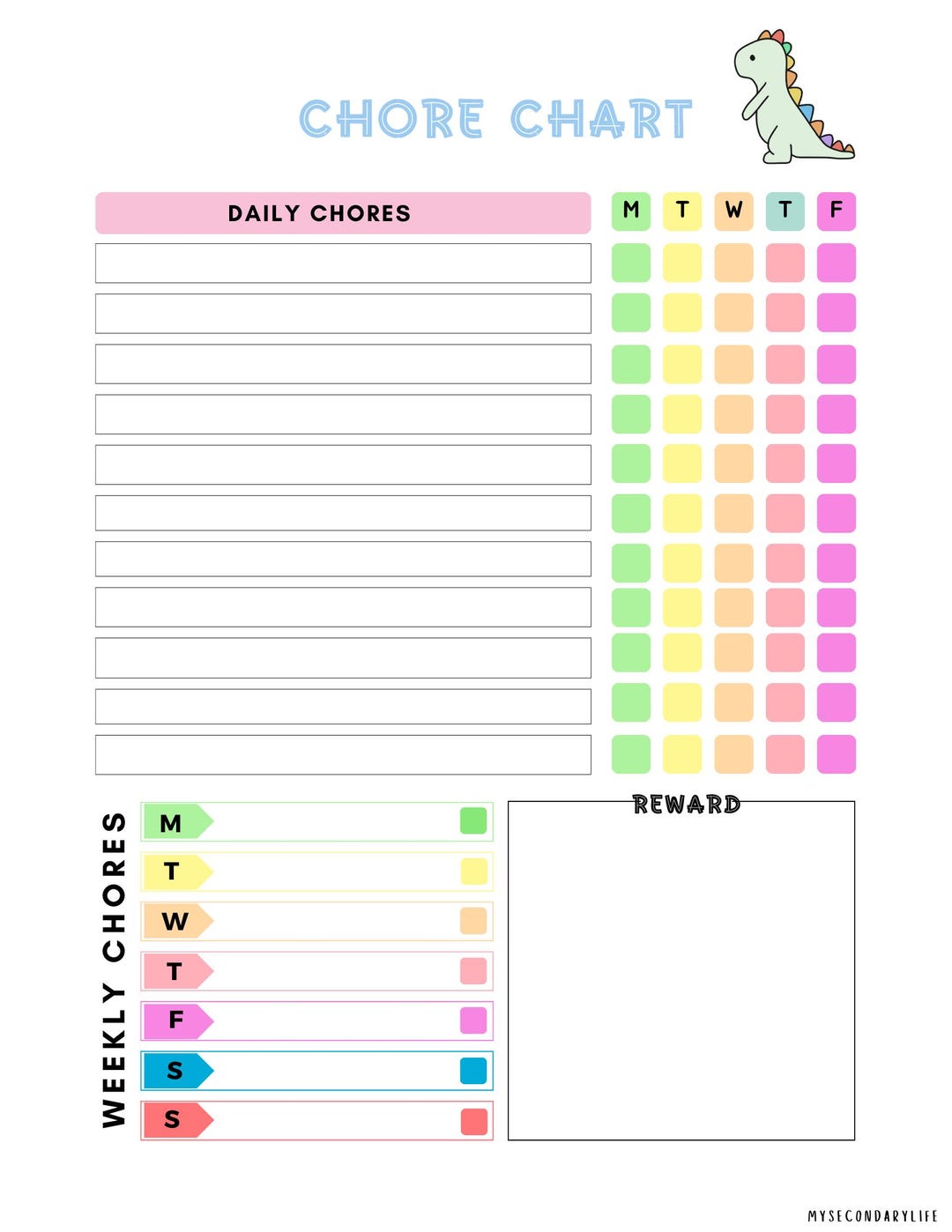 Printable Dinosaur Kids Chore Chart, Fun, Colourful Daily ...