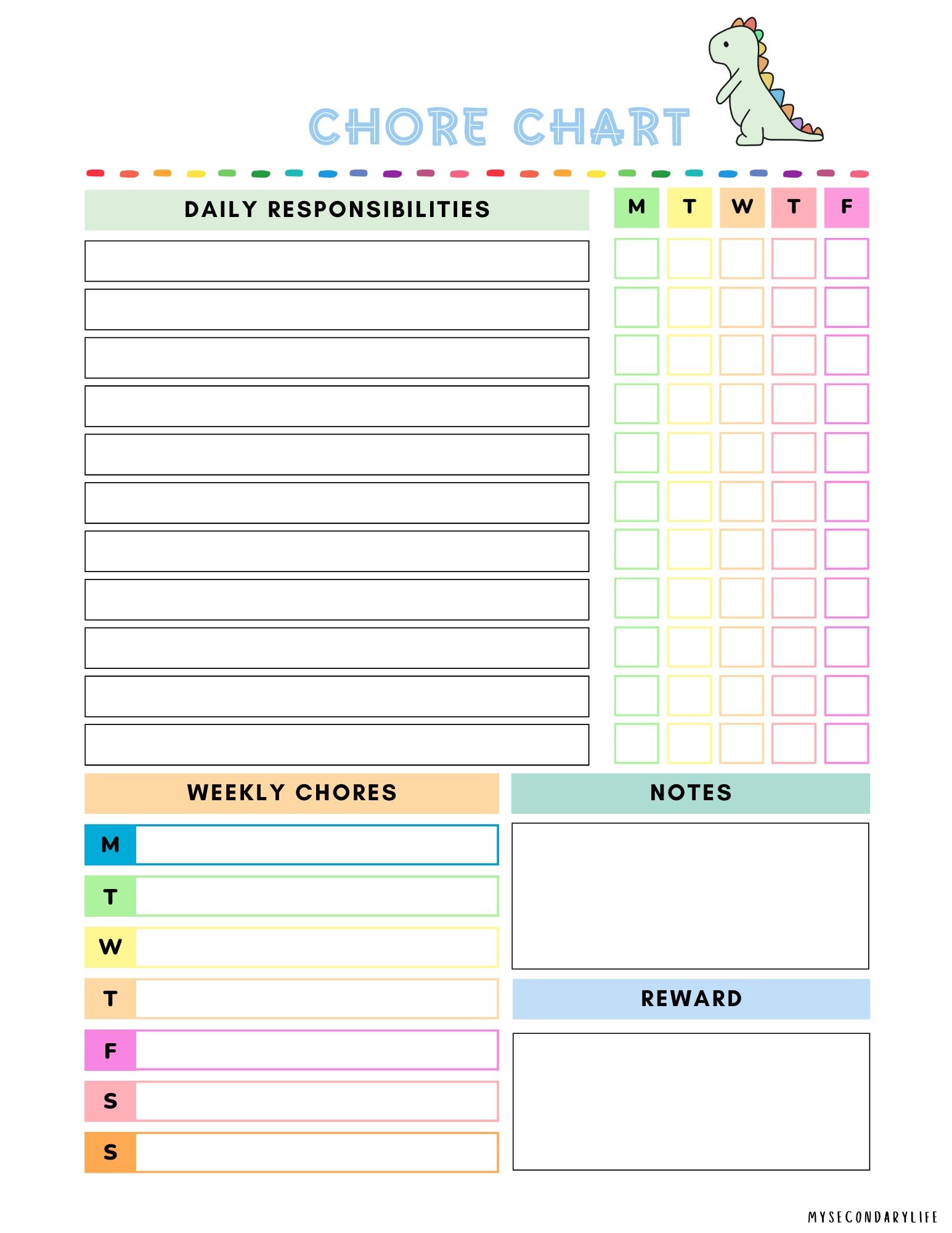 Printable Dinosaur Kids Chore Chart, Fun, Colourful Daily ...