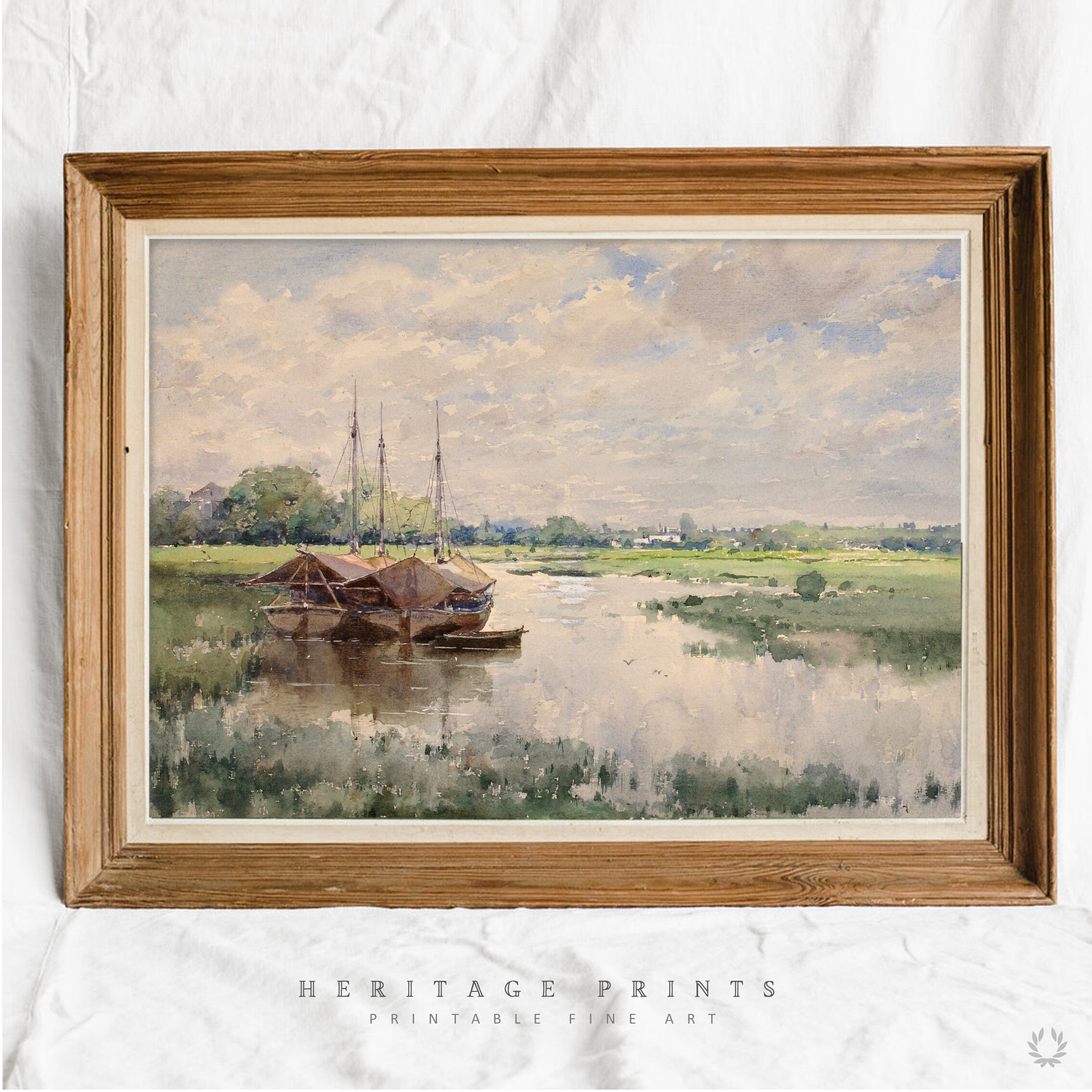 Rustic Countryside Lake Landscape Printable Vintage Watercolor Painting ...
