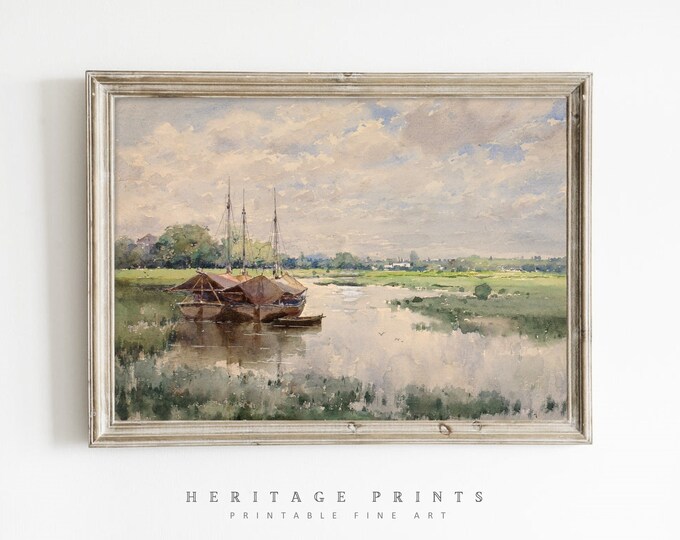 Vintage Lake Scenery Painting, Rustic Landscape Art (digital Download ...