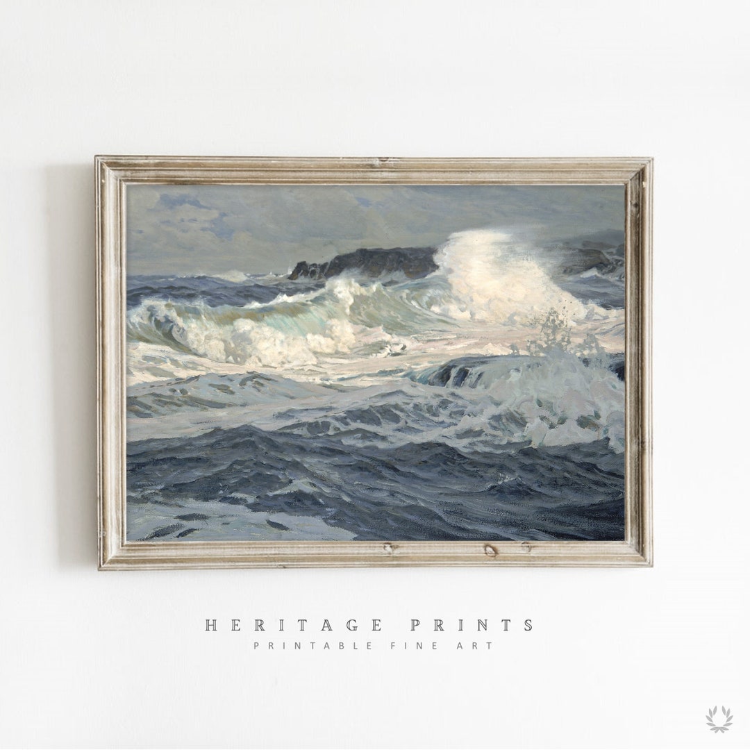 Vintage Coastal Painting, Printable Seascape Wall Art, Ocean Waves ...