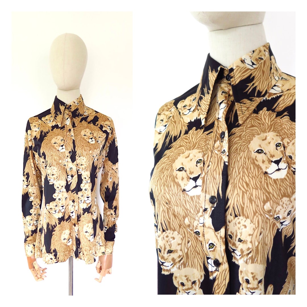 Vintage 1970s Retro Lion Animal Novelty Print Patterned Long Sleeve ...