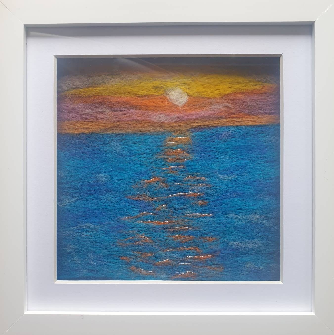 discounted Textile art felt Sunset sea shimmer embroidery art framed