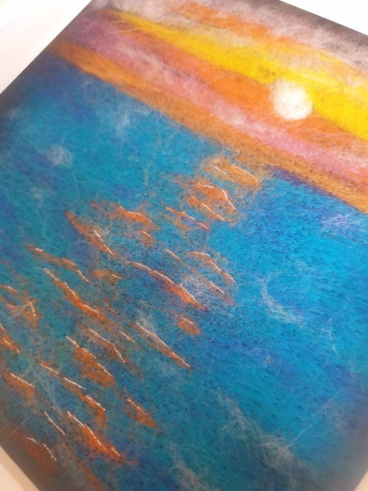 discounted Textile art felt Sunset sea shimmer embroidery art framed