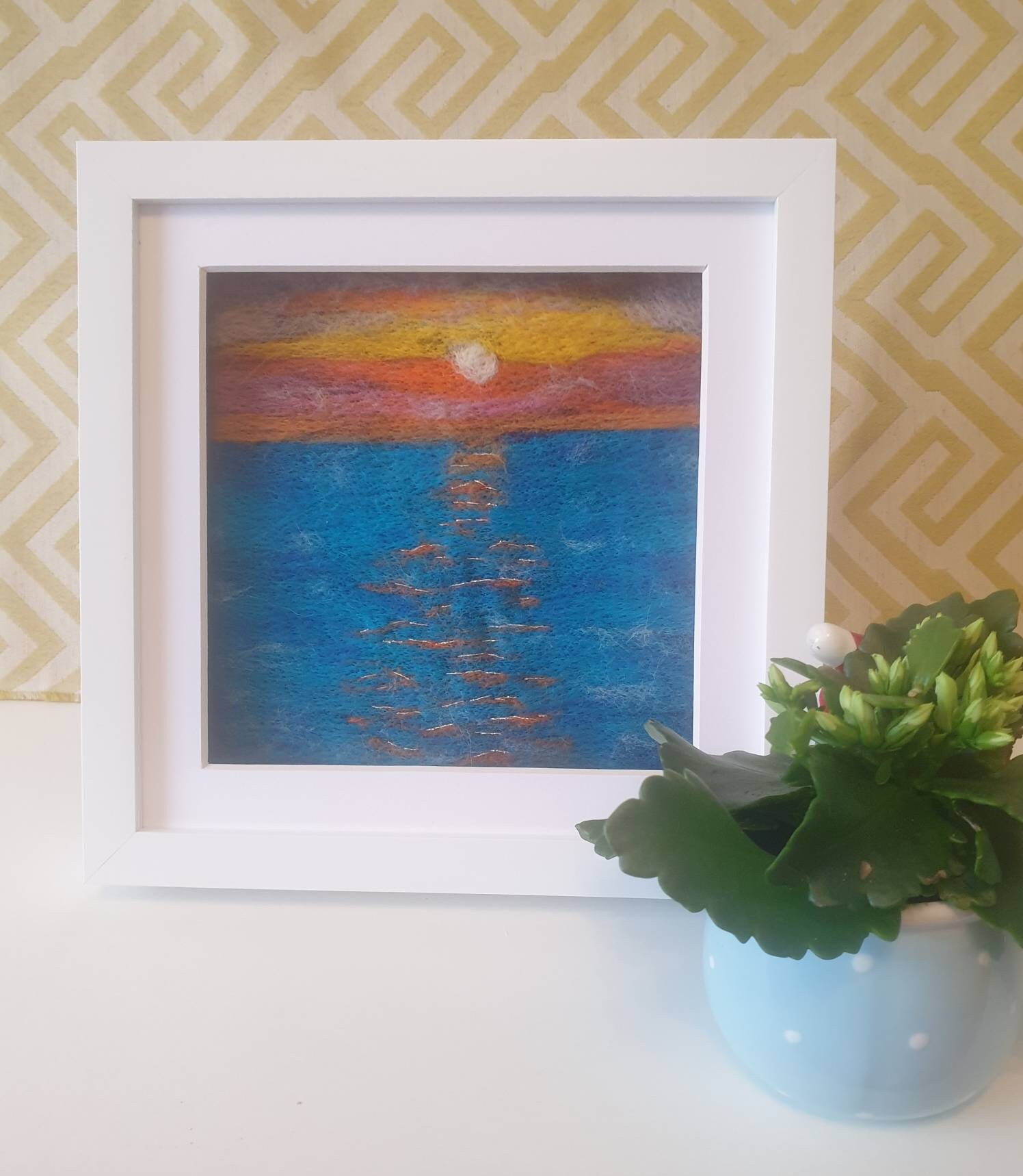 discounted Textile art felt Sunset sea shimmer embroidery art framed